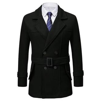 Generic Manteau court &agrave; double boutonnage avec ceinture et col crant&eacute; pour homme - Chaud et d&eacute;contract&eacute;, Noir, XXL