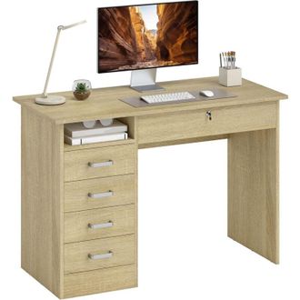 HOMCOM Bureau informatique HOMCOM avec 5 tiroirs, grand plateau, 1 compartiment ouvert, tiroir verrouillable, 110 x 50 x 76cm, ch&ecirc;ne