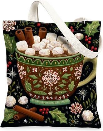 Generic Sacs fourre-tout en toile r&eacute;utilisables avec motif cacao de No&euml;l, rustique, l&eacute;ger, lavable, pour voyage, pique-nique, 33 x 38 cm