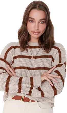 Trendyol Stone Crop Basic Striped Wide Fit Strickwaren Sweater Twoaw23Kz00390