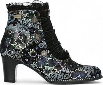 Infinity Leather Bottines Laura Vita Elcodieo 224 en Cuir à Fleurs Bleues Style Gothique Victorien Pour Femme - Fermeture Zippée à Lacets
