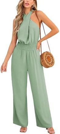 Cupshe Combinaison dété pour femme - Col croisé - Sans manches - Taille smockée - Longue jambe large - Tenue décontractée, vert sauge, XL