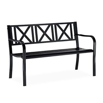 Relaxdays schwarz Gartenbank aus Metall, 2-Sitzer, robust, f&uuml;r Terrasse, Balkon, Ruhebank HxBxT 81 x 127 x 56 cm, Stahl, schwarz