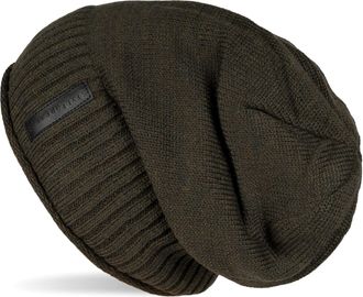 styleBREAKER Unisex Beanie Mütze mit Fleece Innenfutter und Label | Warme Winter Strickmütze aus Feinstrick | Elastische Longbeanie für Damen und Herren, Farbe:Tan