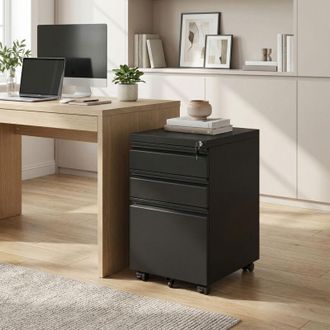 Songmics Caisson Mobile &agrave; Roulettes, 3 Tiroirs Verrouillables en Acier, Meuble de Bureau pour Domicile, Support Imprimante, Noir