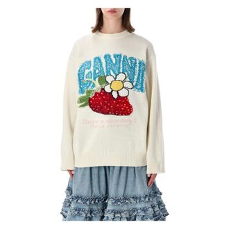 Ganni Femme, Pulls, Blanc, Taille: 36 FR Pull Oversize &agrave; Motif Fraise