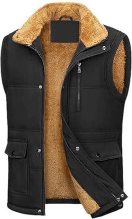 Generic Gilet polaire pour homme - Gilet matelass&eacute; pour homme - Noir - Avec fermeture &eacute;clair - Gilet dhiver thermique - Coupe-vent - Sans manches - Gilet de t