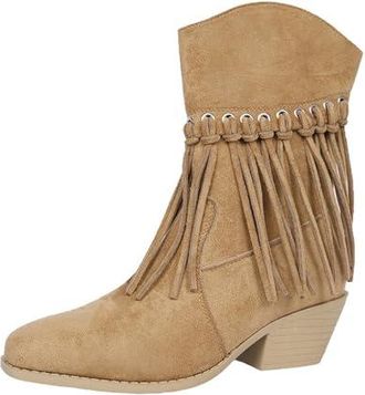 Generic Bottes western pour femme - Large frange de veau - Bottes de cowboy &eacute;l&eacute;gantes et d&eacute;contract&eacute;es - Couleur unie - Fermeture &eacute;clair lat&eacute;rale - Talon &eacute;pai