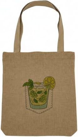 Fabulous Sac Shopping Tote Bag Aspect Lin - Poche Surprise Mojito Cocktail Vacances Ap&eacute;ro Dessin - Sac de Courses Toile Epaisse 360g Beige Naturel Cabas Port&eacute; 