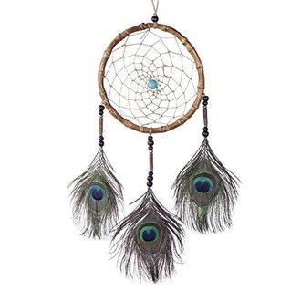 DonDon Gros Attrape-rêves Dreamcatcher avec Perles et Vraies Plumes Brun Noisette - Ø 17 cm