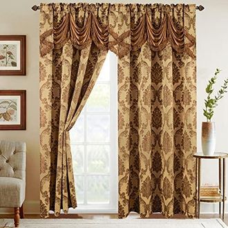 Elegant Comfort Vorhang-Set in Jacquard-Optik mit angenähtem Wasserfall-Volant, 137 x 213 cm, Gold/Taupe
