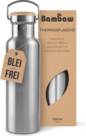 Bambaw Edelstahl Trinkflasche 1 l | Isolierte Thermosflasche für Sport, Büro, Schule, Outdoor | Auslaufsicher & ohne Plastik | Langlebige Wasserflasche für h