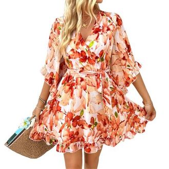 Generic Robe trap&egrave;ze &eacute;l&eacute;gante &agrave; col en V pour femme, manches courtes, motif floral, col en V, robe midi d&eacute;t&eacute;, Orange, XL