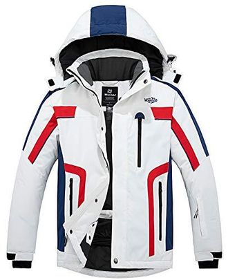 Wantdo Homme Veste de Ski Imperm&eacute;able Voyage Coupe-Vent Manteau dhiver Chaud avec Capuche Veste Randonn&eacute;e Travail Veste de Snowboard Outdoor Blanc+Rouge M