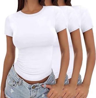 Generic Lot de 3 hauts courts blancs &agrave; manches courtes et col rond pour femme - T-shirts basiques extensibles et ajust&eacute;s - Uni - Tunique d&eacute;t&eacute; d&eacute;contract&eacute;e - C