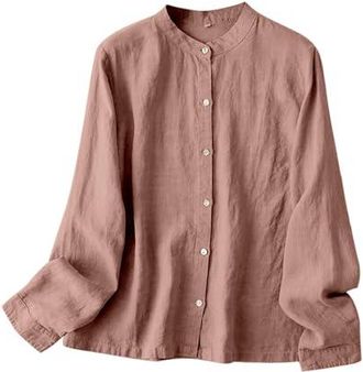 Generic Chemises en coton pour femme - Manches longues - Coupe ample - T-shirt de vacances confortable - Col mandarin - Coupe ample - Chemisier boutonn&eacute; &eacute;l&eacute;ga