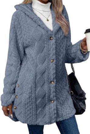 Onsoyours Gilet Femme Hiver Long en Tricot Cardigan &agrave; Capuche Manches Longues Boutonnage Casual Automne Gilet Long Polaire A Bleu XL