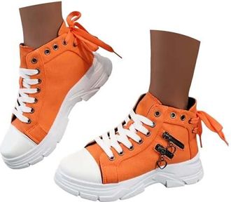 Generic Baskets à plateforme en toile pour femme - Baskets montantes à lacets - Chaussures de tennis classiques à enfiler - Fermeture éclair latérale conforta