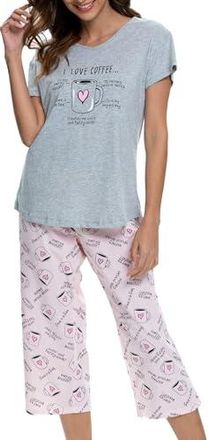 Mia Lucce Pyjama Femme Été Coton Manche Courte Ensemble Femme Ete avec T - Shirt à Manches Courtes et Capri 2 Pièces, S-XXXL
