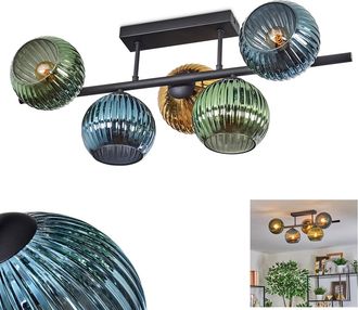 HOFSTEIN Deckenleuchte Koyoto, 5-flammige Deckenlampe aus Metall/Riffelglas in Schwarz/Blau/Gr&uuml;n/Gold, Leuchte im Retro/Vintage-Design (Schirme &Oslash; 15 cm), E14, 
