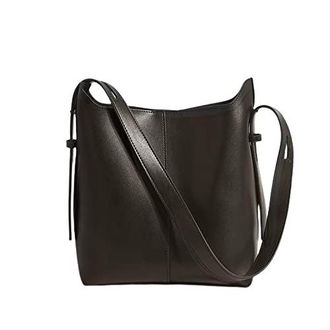 Generic Grand sac &agrave; bandouli&egrave;re seau en cuir v&eacute;g&eacute;talien pour femme, grand sac fourre-tout en cuir pour femme, Noir, large