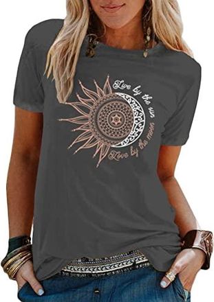 ORANDESIGNE T-Shirt Femme Été Chemisier Chic Impression de Tournesol T-Shirts Blouse Col Rond Tops Manches Courtes T Shirt Coton T Shirt Imprimé Tournesol B Gris 
