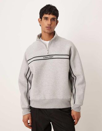 Calvin Klein Jeans Sweat &agrave; col zipp&eacute; avec bandes ray&eacute;es et logo centr&eacute; sur la poitrine - Gris