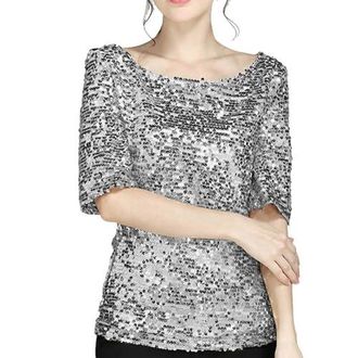 Generic Blouse &agrave; paillettes pour femme - Top &agrave; paillettes - Taille plus - D&eacute;contract&eacute; - Col en V - D&eacute;contract&eacute; - Col en V - Col rond - Tunique - L&eacute;ger - Manch