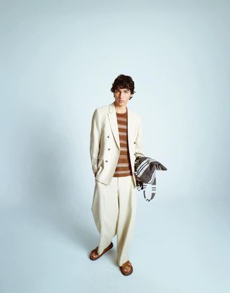 Topman Blazer en lin m&eacute;lang&eacute; &agrave; double boutonnage - Taupe-Neutre