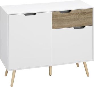 HOMCOM Meuble de Rangement scandinave sur Pieds Buffet scandinaves pour Salle de Bain, Salon, Cuisine, Pieds en Bois de pin Massif - Blanc - Dim. 98L x 39l x