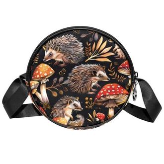 Generic Petit sac &agrave; bandouli&egrave;re circulaire pour femme, motif h&eacute;risson, champignons, sac &agrave; dos &agrave; bandouli&egrave;re avec fermeture &eacute;clair, bretelles r&eacute;glables, sac &agrave; 