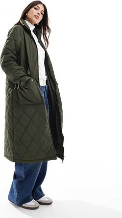 Pieces Hochgeschlossener, gesteppter Longline-Mantel in Khakigrün