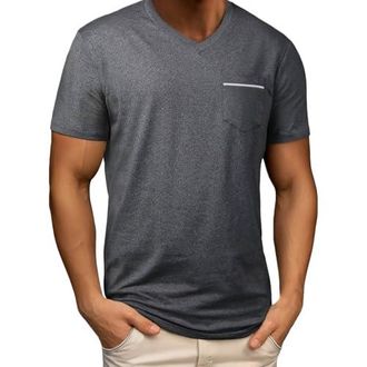 Generic T-shirt &agrave; col en V pour homme - L&eacute;ger et extensible - Couleur unie - Respirant - Manches courtes - Avec poche dentra&icirc;nement, 01 gris fonc&eacute;., XXL