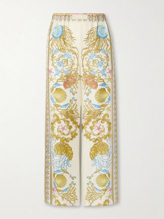 Versace Pantalon Large En Serge De Soie Imprimée - Jaune