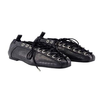 Ganni Womens Python Embossed Lace-Up Ballerina Black