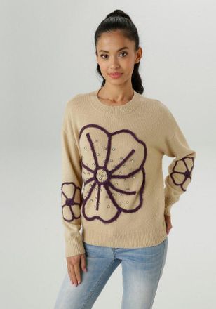 Aniston Strickpullover vorne mit funkelnden Glitzersteinen verziert