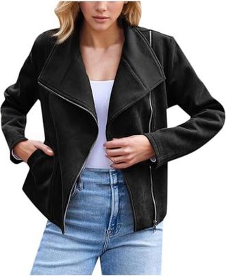 Generico Veste de moto courte dautomne et dhiver pour femme avec doublure polaire en daim aspect cuir, Noir, XL