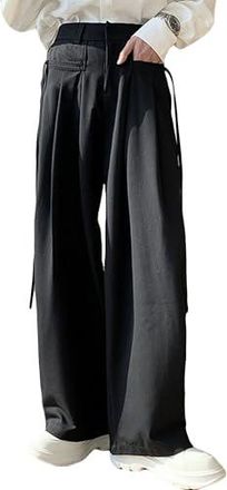 Generic Pantalon large &agrave; jambe droite pour homme avec drap&eacute;, l&eacute;ger et confortable, coupe ample, pantalon d&eacute;contract&eacute; pour homme, Noir, XXL