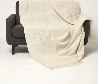 Homescapes Kashi Tagesdecke XXL 255 x 360 cm - Baumwolldecke creme mit Fransen