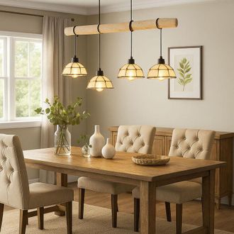 Globo Lighting Suspension textile Lampe de table Lampe à suspendre Lampe en bois 4 flammes, métal, 4x E27 douilles, LxlxH 85x18x120 cm