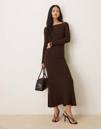 Vila Robe longue en maille c&ocirc;tel&eacute;e &agrave; manches longues - Marron grain de caf&eacute;-Brown