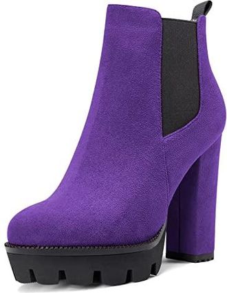 Castamere Femmes Haut High Talon Heel Bloc Chunky Plate-forme Rond Bout Bottines Slip-on Classique Bottes Violet 39 EU