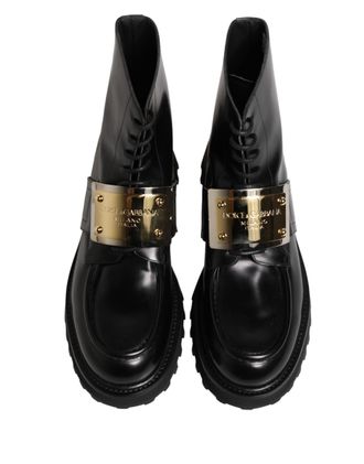 Dolce & Gabbana Mens Black Leather Dg Plaque Lace Up Boots Shoes