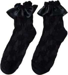Generico Chaussettes en dentelle avec noeud &agrave; volants, chaussettes en coton doux pour femme, Black Ribbon Lace, Taille Unique