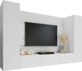 Mirjan24 Wohnwand Deromi V, Anbauwand mit Wandpaneele und TV-Lowboard, Akustikplatten, Fernsehschrank, Schrankwand, Mediawand, 2X H&auml;ngeschrank (Wei&szlig; + Wei&szlig; Mar