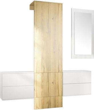 Vladon Vestiaire Garderobe Carlton Set 3, Corps en Blanc Mat/Panneau portemanteau en ch&ecirc;ne Nature