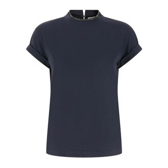 Brunello Cucinelli T-Shirt aus Stretch-Baumwolljersey mit edlem Lagen-Look - - Tops - Damen - Blau - M
