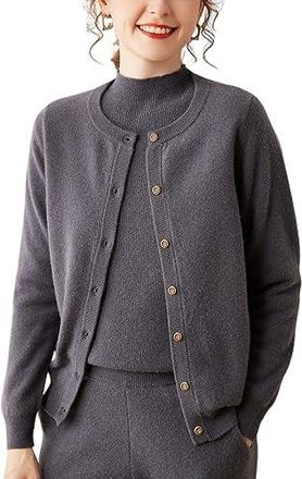 Dissa Gilet Cachemire Femme Col Rond Gris Boutonné Tricoté Mince Manches Longues Fin Cardigan en Cachemire et Laine,44,DF8029