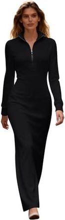 Generico Robe longue d&eacute;contract&eacute;e &agrave; coupe &eacute;troite avec taille l&eacute;g&egrave;rement marqu&eacute;e, col haut, avec fermeture &eacute;clair partielle pour un style moderne, Noir, Large