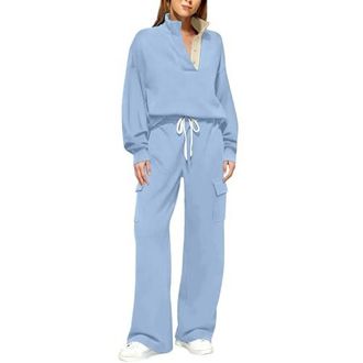 Generic V&ecirc;tements de sport 2 pi&egrave;ces pour femme - Pull &agrave; manches courtes - Pantalon large - Costume d&eacute;contract&eacute; - Ensemble de sport en polaire pour femme, bleu